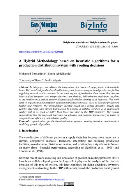 Pdf A Hybrid Methodology Based On Heuristic Algorithms For A Production Distribution System