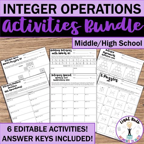 Operations With Integers Activities Bundle Editable Light Bulb