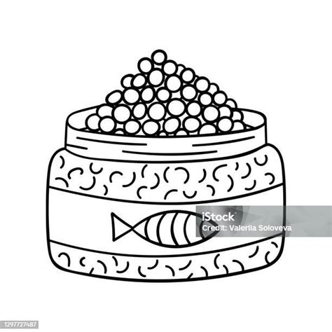 연어 또는 다른 생선 알 항아리 흰색 배경에 격리 된 손으로 그린 스케치 음식 그림을 윤곽선입니다 검정 흰색 벡터 Salty Snack에 대한 스톡 벡터 아트 및 기타