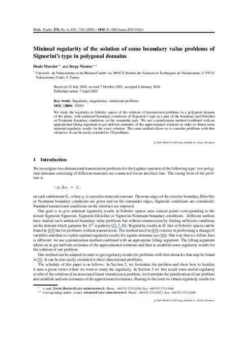 Pdf Minimal Regularity Of The Solution Of Some Boundary Value Problems Of Signorinis Type In