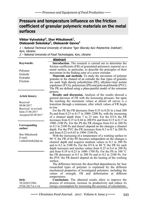 Pdf Pressure And Temperature Influence On The Friction Coefficient Of Granular Polymeric