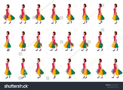 Vektor Stok Shopping Girl Walk Cycle Animation Sprites Tanpa Royalti