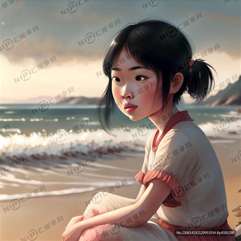 Ai创作图一个女孩坐在海边 可爱 插画 昵图网
