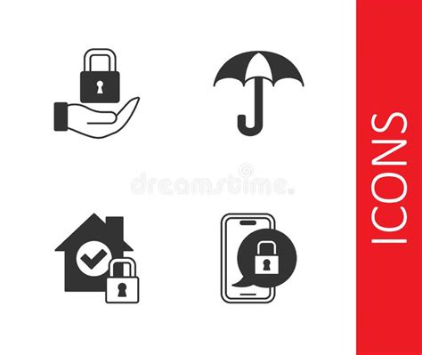 Set Mobile With Closed Padlock Lock House Under Protection And Umbrella Icon Vector Stock