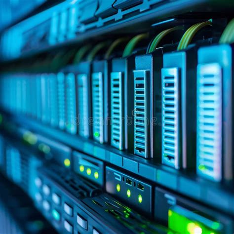 Close Up Of Server Rack With Glowing Green Lights Modern Data Center Technology And