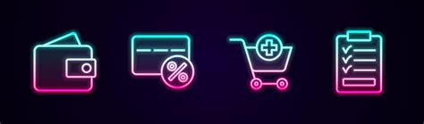 라인 지갑 퍼센트가 있는 할인 카드 장바구니 및 클립보드에 추가 체크리스트를 설정합니다 빛나는 네온 아이콘입니다 벡터 0명에 대한 스톡 벡터 아트 및 기타 이미지 Istock
