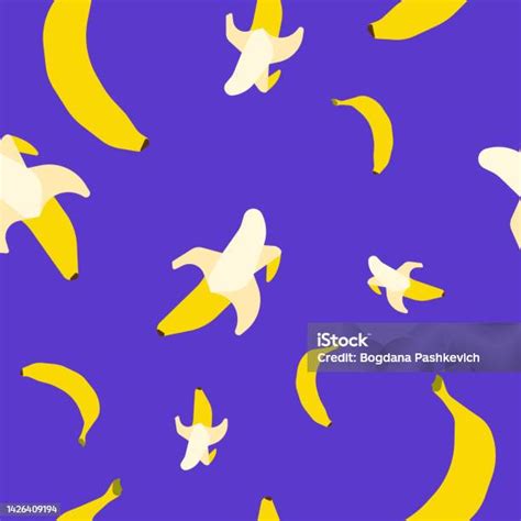 밝은 과일 패턴 밝은 보라색 배경에 고립 된 바나나 신선한 과일을 곁들인 현대적인 일러스트레이션 계절에 대한 스톡 벡터 아트 및