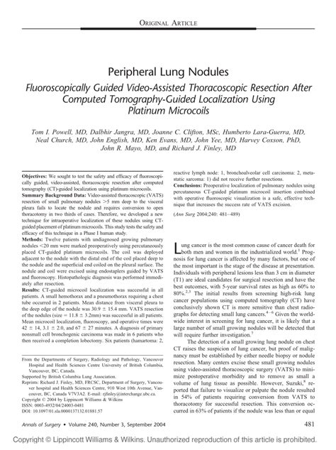 Pdf Peripheral Lung Nodules Fluoroscopically Guided Video Assisted
