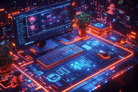 futuristic computer desk setup with glowing digital interface and cyber