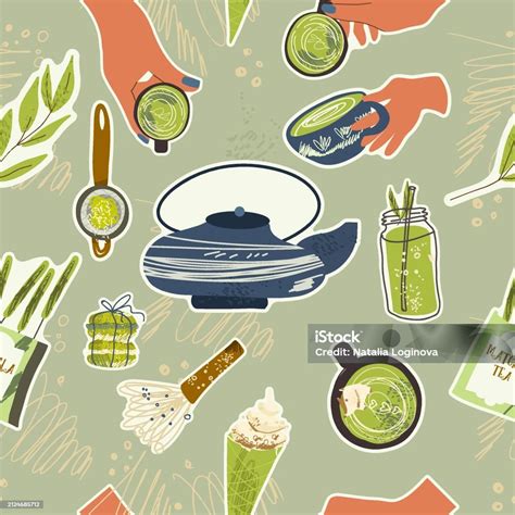 녹색 말차 음식 음료 나뭇잎 찻주전자 도구 머그잔 컵이 있는 완벽한 패턴입니다 건강한 유기농 제품 사람의 손으로 끝없이 반복