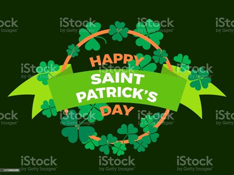 리본과 클로버 잎이 있는 행복한 성 패트릭의 날 배너 행운을위한 4 잎 클로버 인사말 카드 홍보 자료 및 초대장의 배경 벡터 그림 3월에 대한 스톡 벡터 아트 및 기타