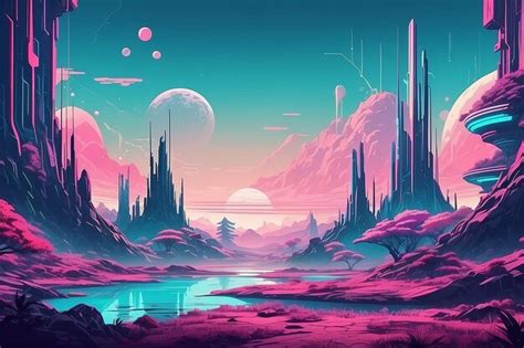 Premium Photo Retro Futuristic Landscape Background Generative Ai