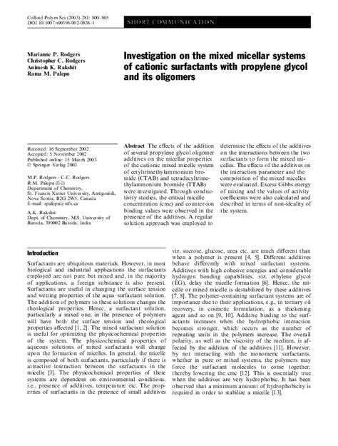 Pdf Investigation On The Mixed Micellar Systems Of Cationic
