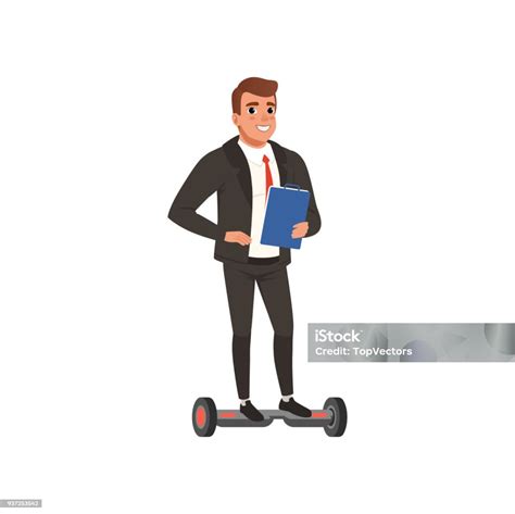 폴더를 누른 전기 Hoverboard에 서 있는 남자를 젊은 자부 하 사업 정식 소송에서 남자입니다 현대 교통 기술입니다 평면 벡터 디자인 남자에 대한 스톡 벡터 아트 및