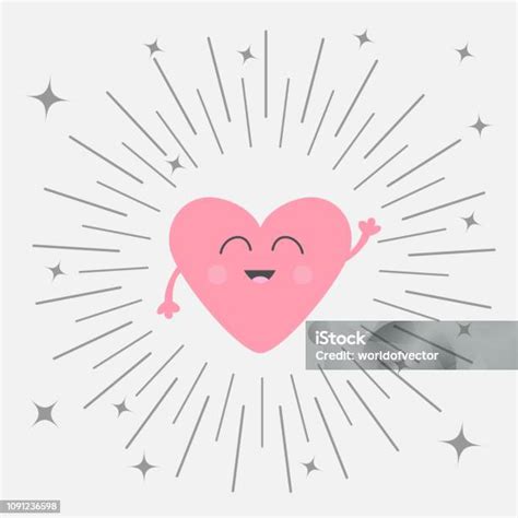 핑크 하트 손으로 머리를 얼굴입니다 귀여운 만화 캐릭터를 미소가이 라운드 라인 빛나는 스타 원 발렌타인 기호 기호입니다 평면
