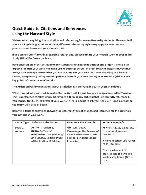 Harvard Quick Reference Guide Arden University Pdf