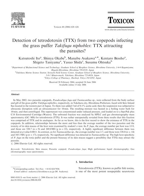 PDF Detection Of Tetrodotoxin TTX From Two Copepods Infecting The Grass Puffer Takifugu