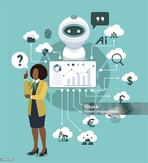 새로운 비즈니스 개념입니다 기술 및 금융 동향 아프리카계 미국인 사업가 캐릭터 분석 인포그래픽이 있는 로봇 인공지능 인공지능에 대한 스톡 벡터 아트 및 기타 이미지 Istock