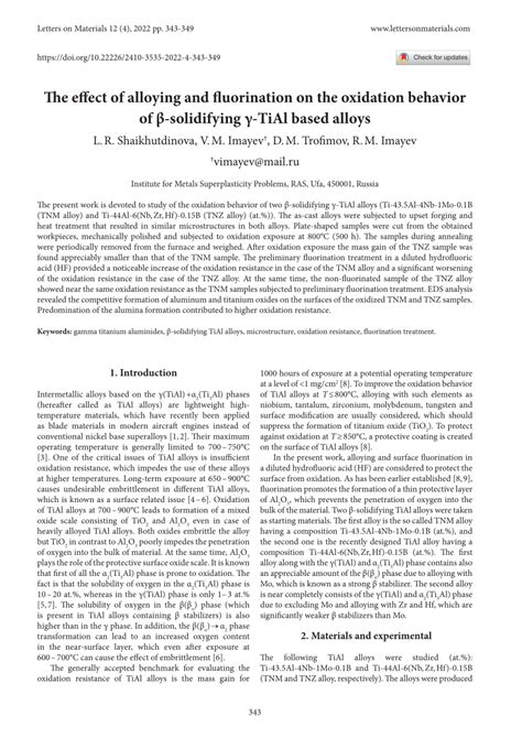 Pdf The Effect Of Alloying And Fluorination On The Oxidation Behavior Of β Solidifying γ Tial