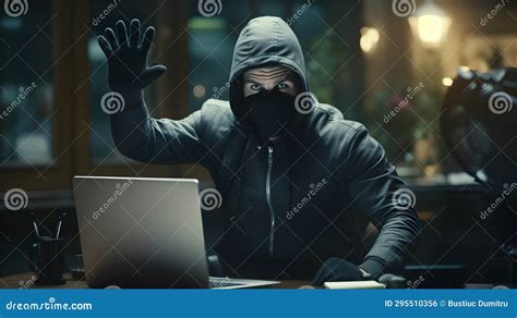 Computer Hacker Male Thief Stealing Data From Computer Stock