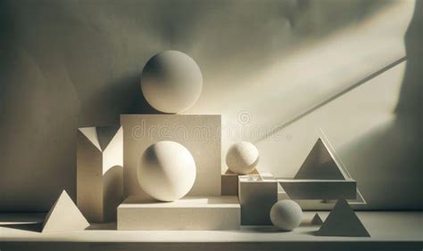 Direct View Of A Geometric Composition With Spheres Cubes And Pyramids Arranged In A