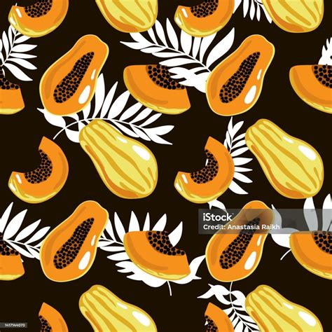 파파야와 열대 잎의 원활한 패턴 스케치 그려진 요소 전체 파파야 부품 조각 코어 검은 배경에 여름 과일의 이미지 가리기에 대한