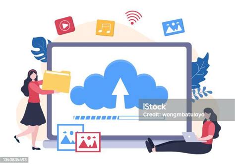 클라우드 서비스 또는 로딩 개념 벡터 일러스트레이션을 사용하여 소셜 네트워크에 온라인 장치 정보 및 데이터의 이미지 배경 업로드 파일에 대한 스톡 벡터 아트 및 기타 이미지