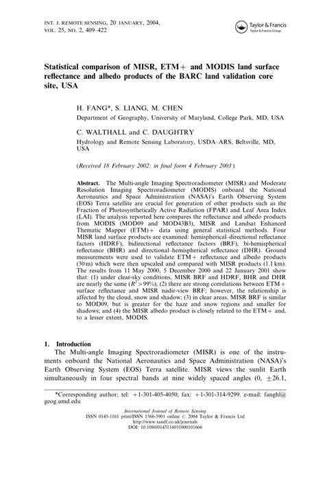 Pdf Statistical Comparison Of Misr Etm And Modis Land Surface Reflectance And Albedo