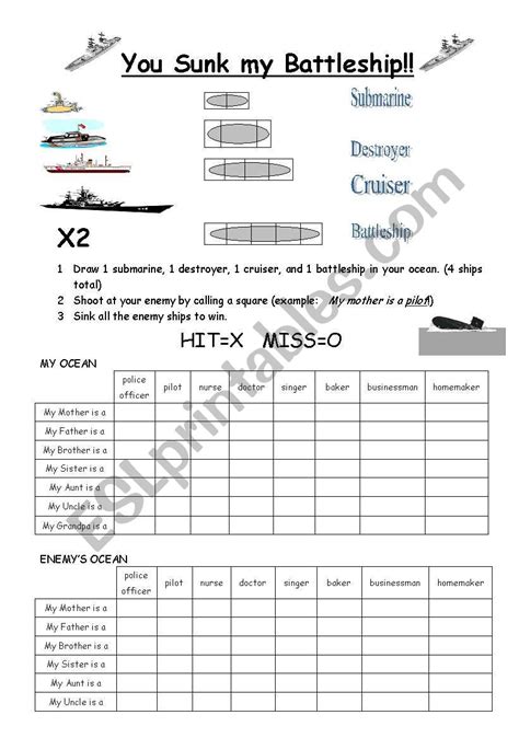 you sunk my battleship esl worksheet by pianini