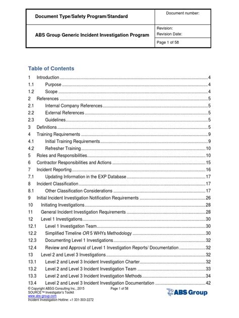 10 Sample Incident Investigation Program Table Of Contents 1512 Pdf