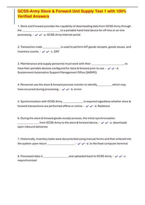 Gcss Army Store And Forward Unit Supply Test 1 With 100 Verified Answers Gcss Army Store