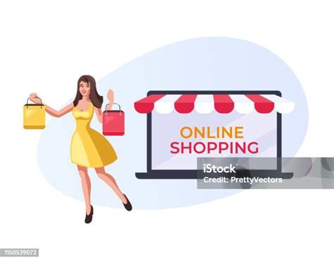 구매 가방을 들고 행복 한 웃는 여자 온라인 인터넷 쇼핑 개념입니다 벡터 평면 만화 그래픽 디자인 일러스트 레이 션 고객에 대한 스톡 벡터 아트 및 기타 이미지 Istock