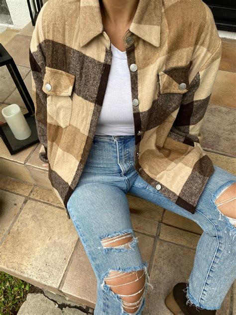 Plaid Shacket Checkered Print Brown Oversize Shaket Flannel Jacket