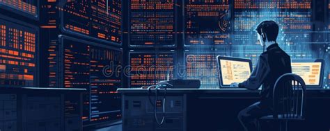 Programmer Working In A Data Center With Screens Of Code Cybersecurity