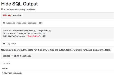R Can Knitr Suppress Execution Or Output In An Sql Chunk Stack