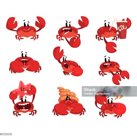 게 문자 다른 감정 흰색 배경에 재미 있는 얼굴 벡터 일러스트와 함께 귀여운 바다 생물 갈고리 발톱에 대한 스톡 벡터 아트 및 기타 이미지 갈고리 발톱 갑각류 귀여운