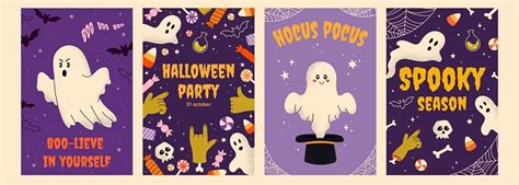 화려한 배경에 할로윈을 위한 거친 질감의 카드 4장을 수집합니다 유령 과자 해골 및 복고풍 스타일의 텍스트 포스터 표지 광고 라벨 초대장 0명에 대한 스톡 벡터 아트 및
