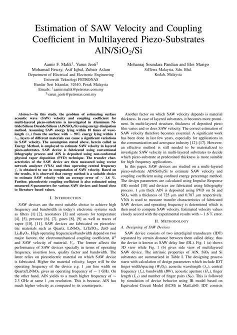 Pdf Estimation Of Saw Velocity And Coupling Coefficient In Multilayered Piezo Substrates Aln