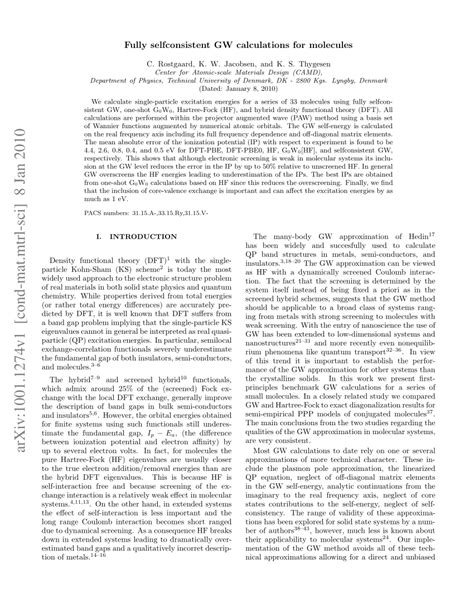 Pdf Fully Self Consistent Gw Calculations For Molecules
