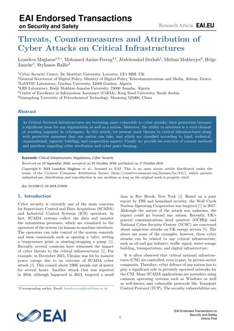 Pdf Threats Countermeasures And Attribution Of Cyber Attacks On Critical Infrastructures