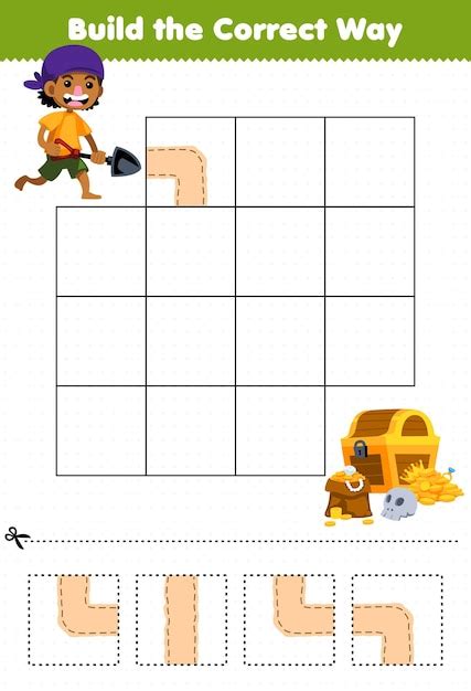어린이를 위한 교육 게임은 귀여운 만화 소년이 보물 상자로 이동하는 데 도움이 되는 올바른 방법을 구축합니다 인쇄 가능한 해적 워크시트 프리미엄 벡터
