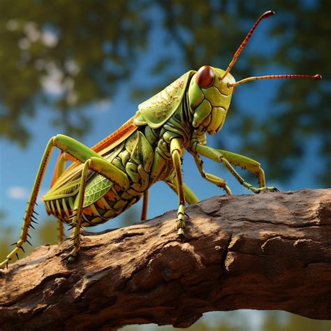 A Green Grasshopper With A Large Orange And Red Face Sits On A Branch Premium Ai Generated Image