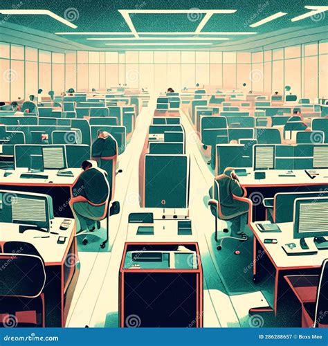 Computer Room With Rows Of Computer Monitors 3d Rendering 3d Illustration Stock Illustration