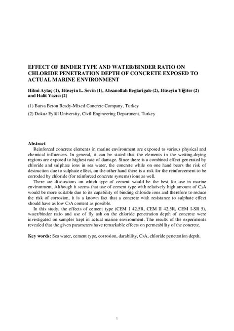 Pdf Effect Of Binder Type And Waterbinder Ratio On Chloride Penetration Depth Of Concrete