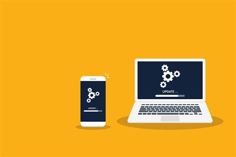 업데이트 프로세스 화면이있는 노트북및 스마트폰 새 소프트웨어 운영 체제 지원을 설치합니다 벡터 일러스트레이션 Brand Name