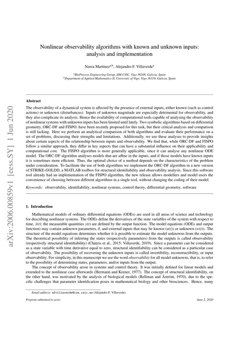 Pdf Nonlinear Observability Algorithms With Known And Unknown Inputs Analysis And Implementation