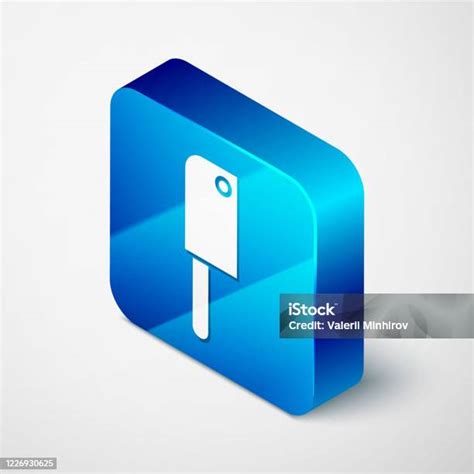 회색 배경에 격리 된 등각 칭호 고기 헬기 아이콘입니다 고기 부엌 칼입니다 정육점 칼 파란색 사각형 버튼입니다 벡터 일러스트레이션 3차원 형태에 대한 스톡 벡터 아트 및