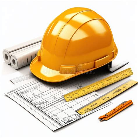 Yellow Hard Hat Blueprint Construction Safety Engineering Stock
