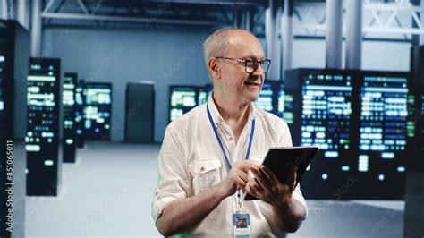 Senescent Employee Expertly Managing Data While Navigating Through Industrial Server Rows