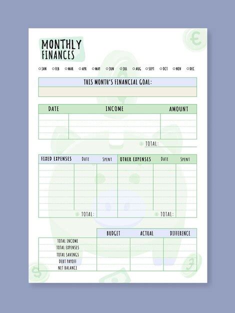 월간 플래너 템플릿 미니멀리스트 플래너 주최자 페이지 벡터 디자인 플래너 빈 템플릿 프리미엄 벡터